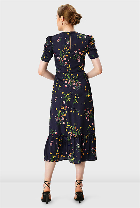 Shop Floral print satin ruffle flounce dress | eShakti