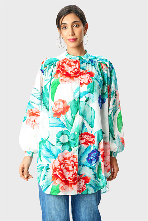 Shop Ruched yoke rose print cotton voile shirt | eShakti
