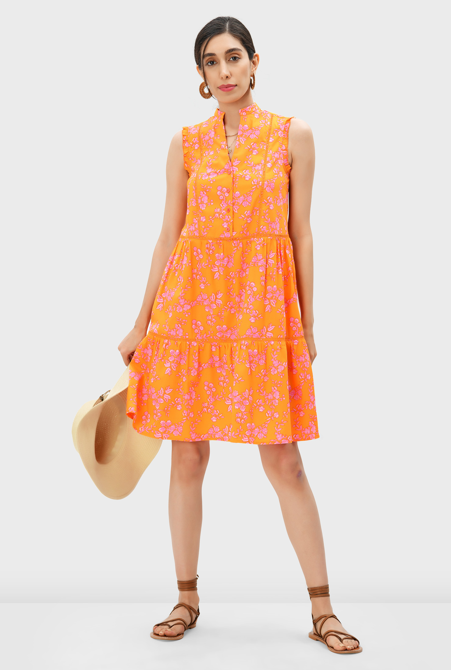 Shop Lattice trim floral print cotton poplin tiered shift dress | eShakti