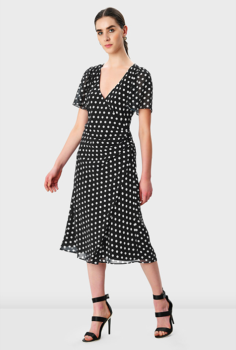 Shop Polka dot print georgette faux wrap dress | eShakti