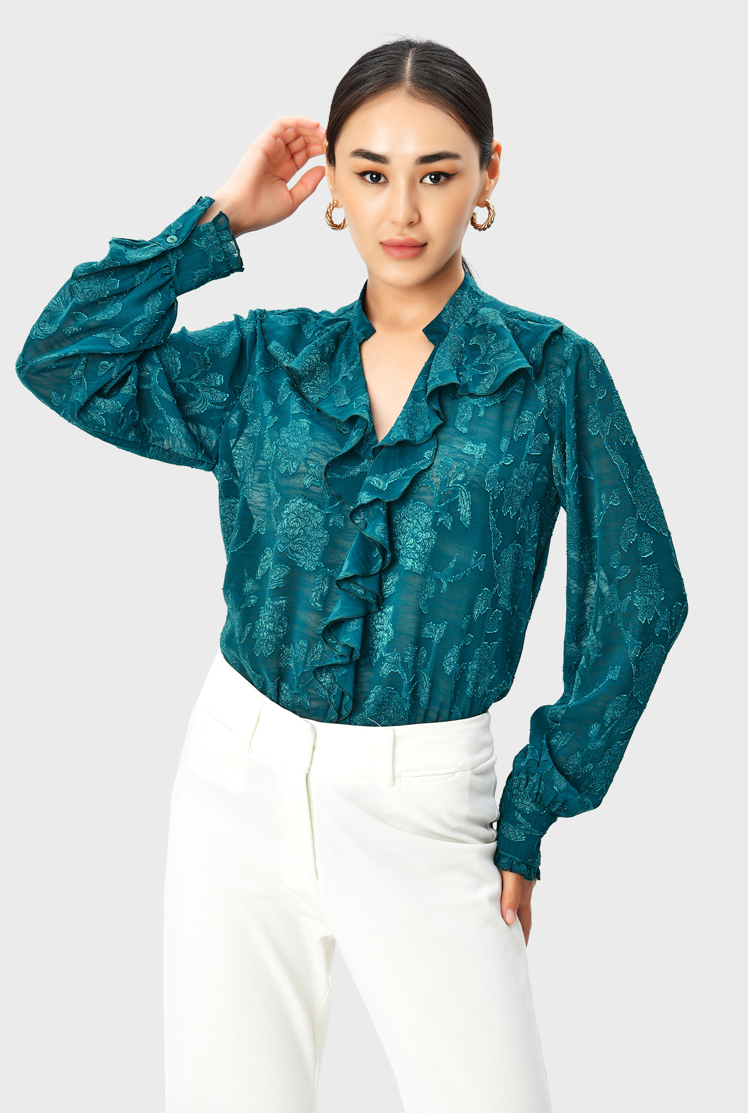 Shop Ruffle floral chiffon jacquard shirt | eShakti