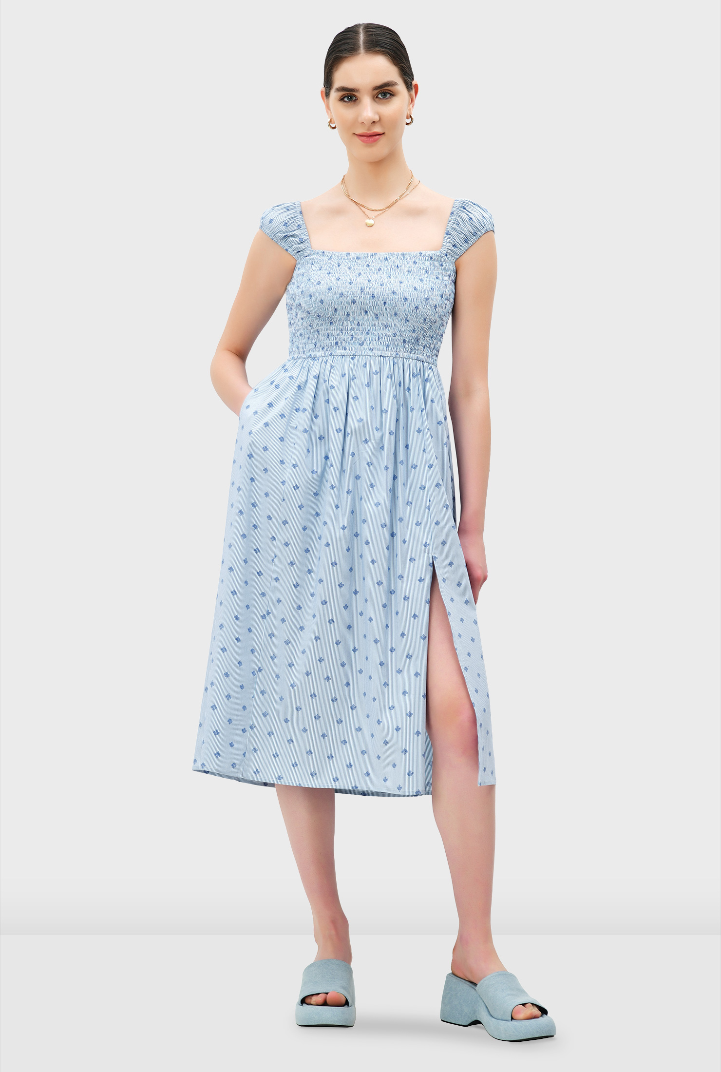 Shop Smocked stripe floral print cotton blend vented dress | eShakti
