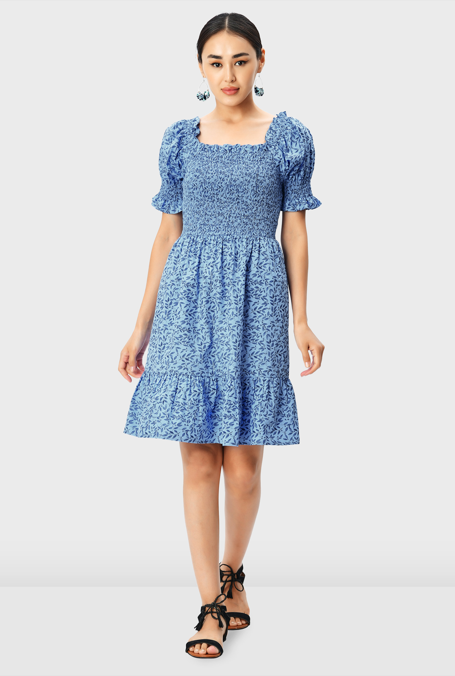 Shop Smocked floral print cotton dress | eShakti