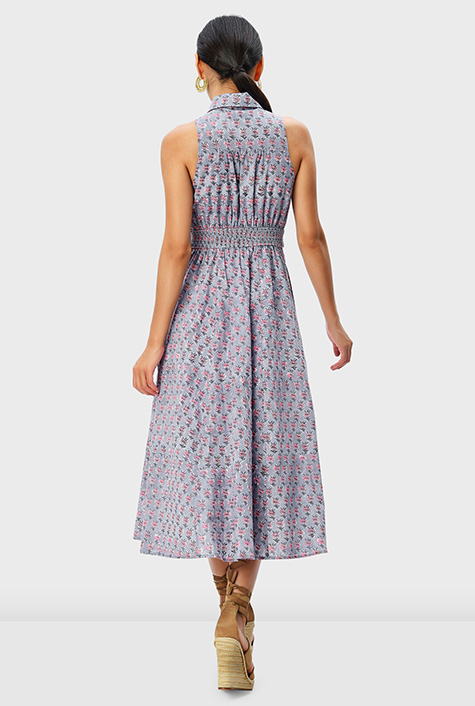 Shop Button tab waist floral hand block print cotton shirt dress | eShakti