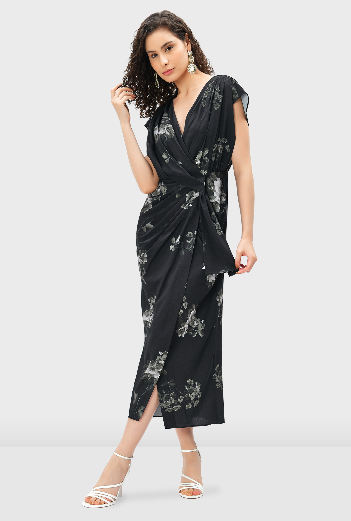 Shop Dolman sleeve floral print crepe faux wrap dress | eShakti