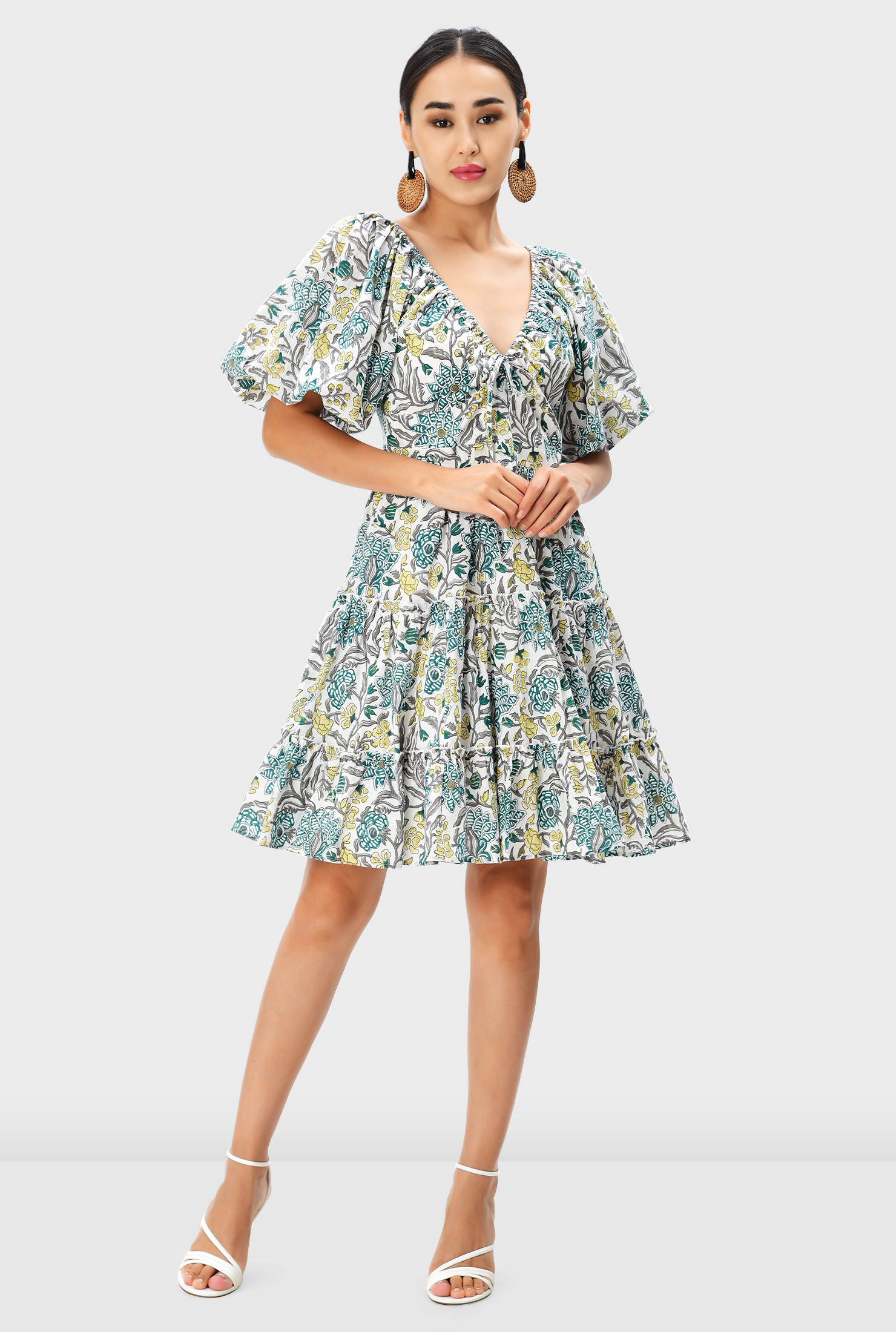 Shop Ruffle frill floral hand block print cotton tiered dress | eShakti