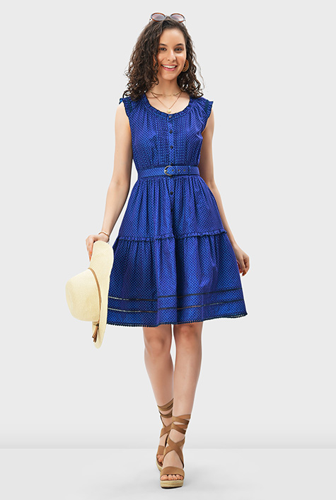 Shop Lace trim dot print cotton double cloth belted dress | eShakti