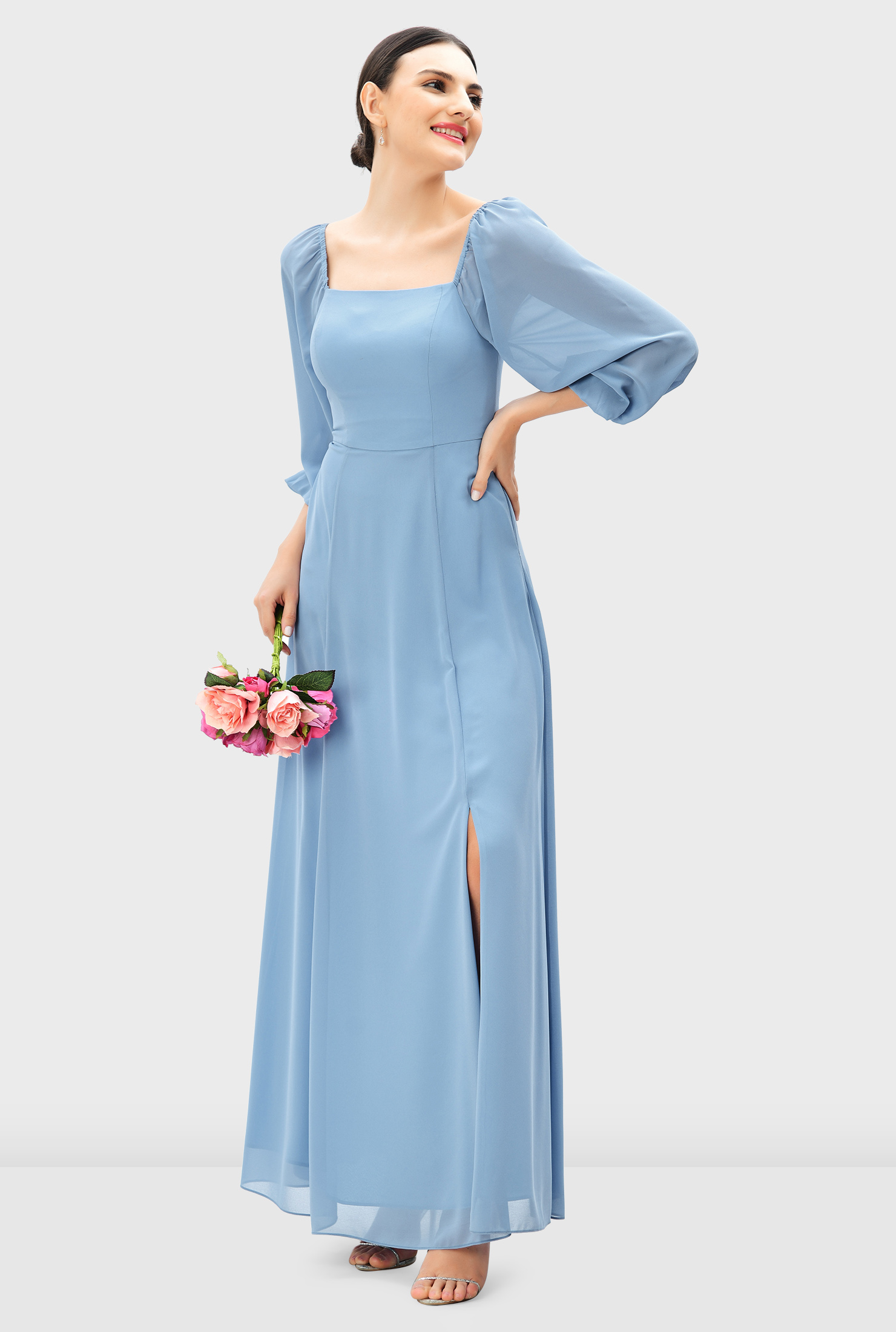 Shop Blouson sleeve chiffon vented dress | eShakti