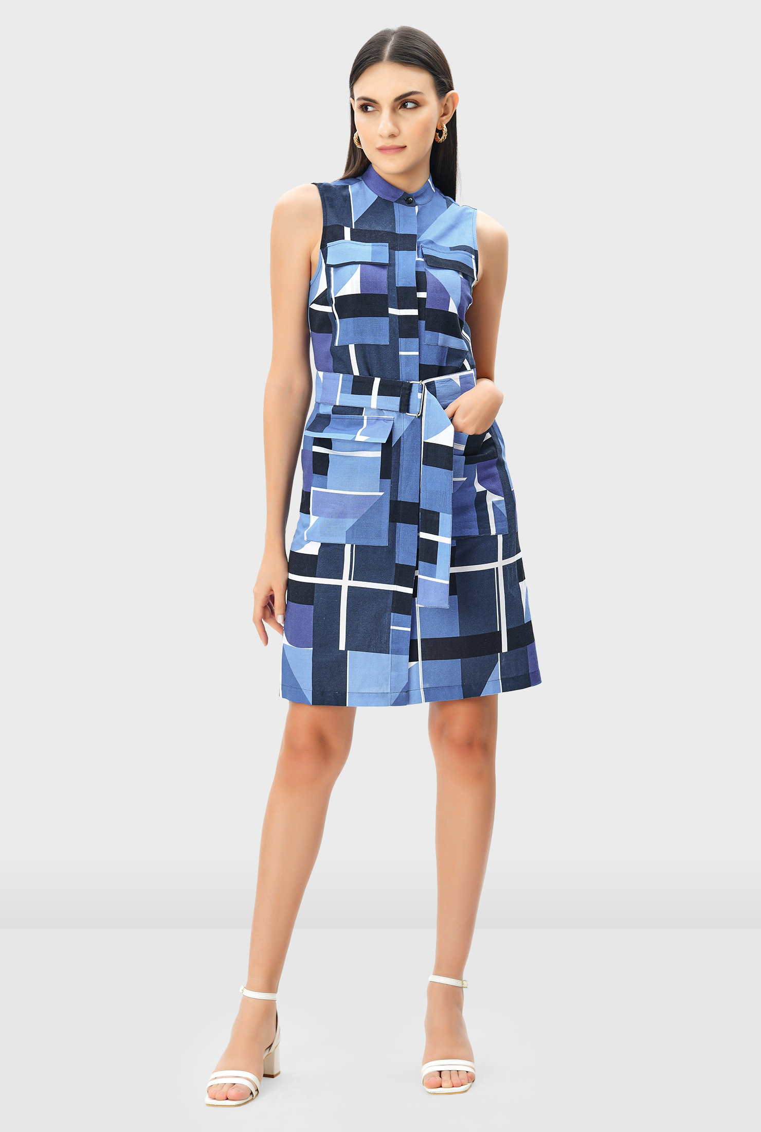 Shop Geo print cotton linen shift shirtdress | eShakti