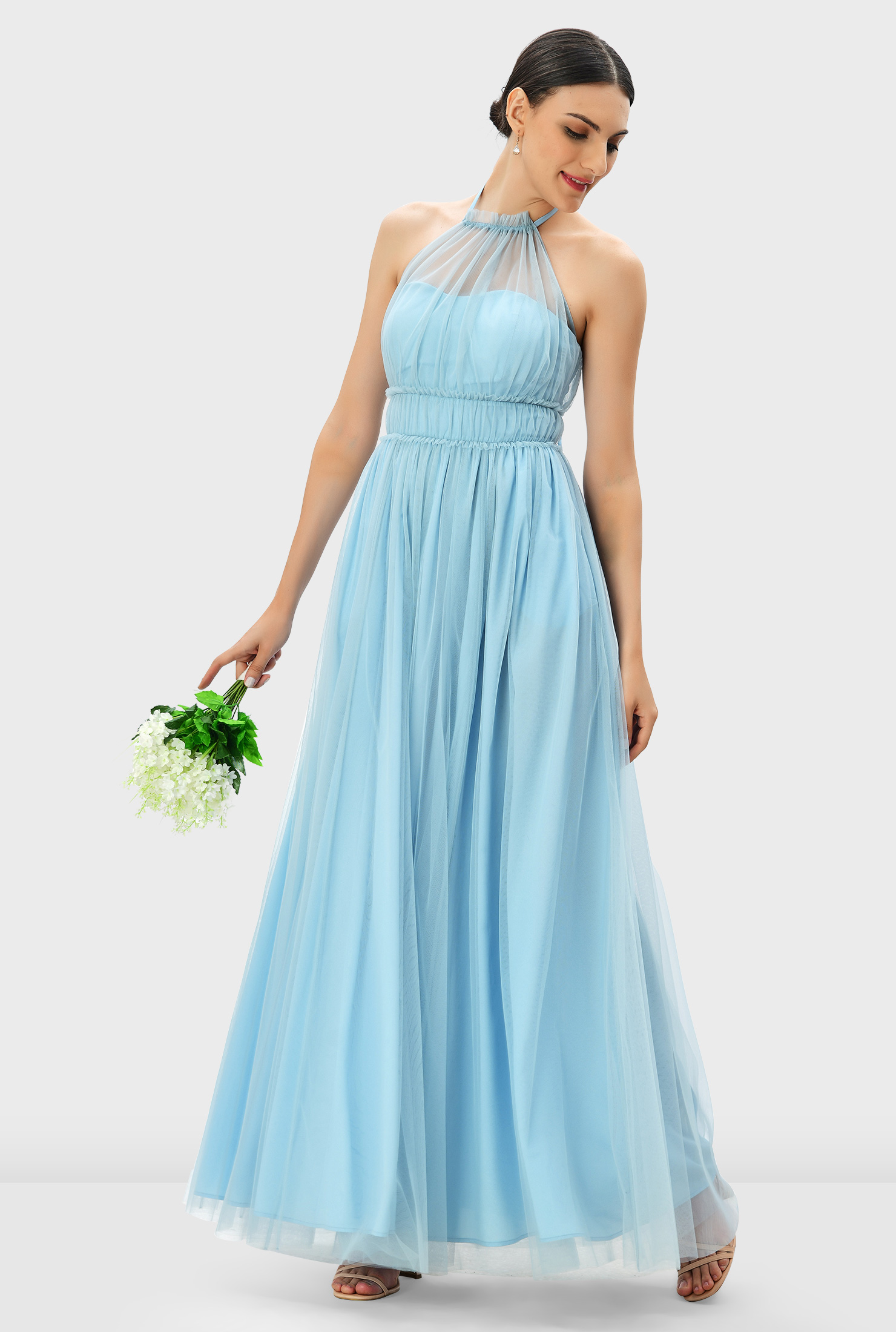 Shop Illusion tulle ruffle frill halter dress | eShakti