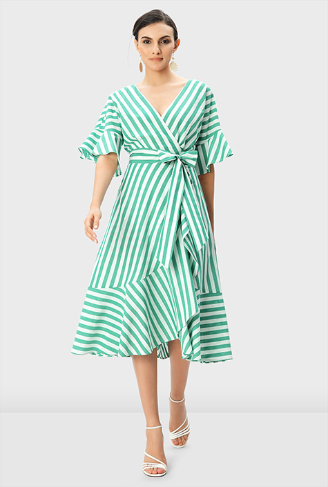 Shop Stripe cotton ruffle flounce wrap dress | eShakti