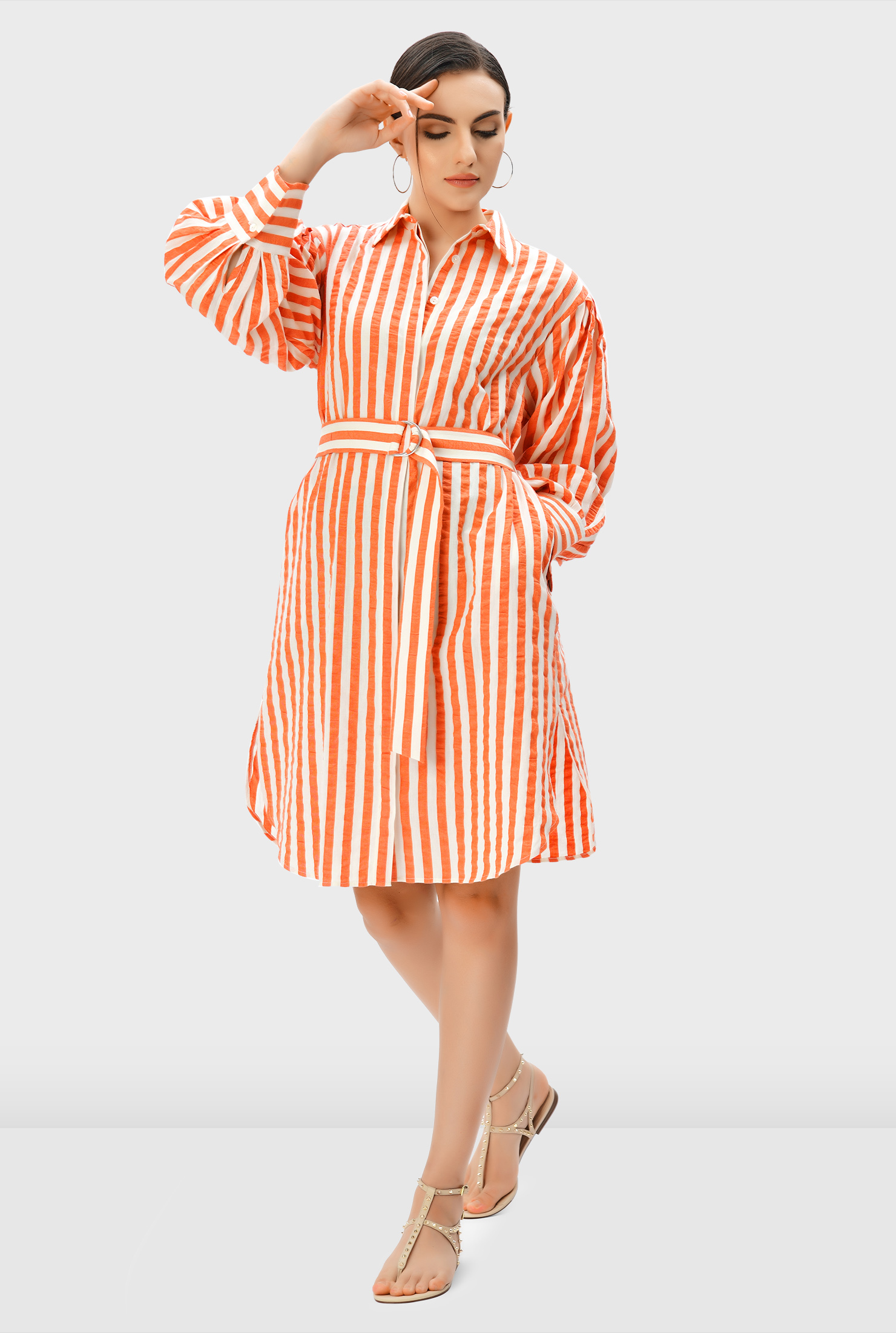 Shop Cotton seersucker stripe sash-tie shift shirt dress | eShakti