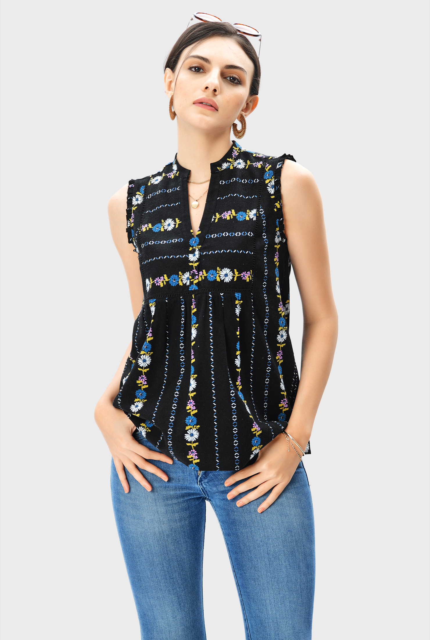 Shop Lattice trim floral print cotton linen top | eShakti