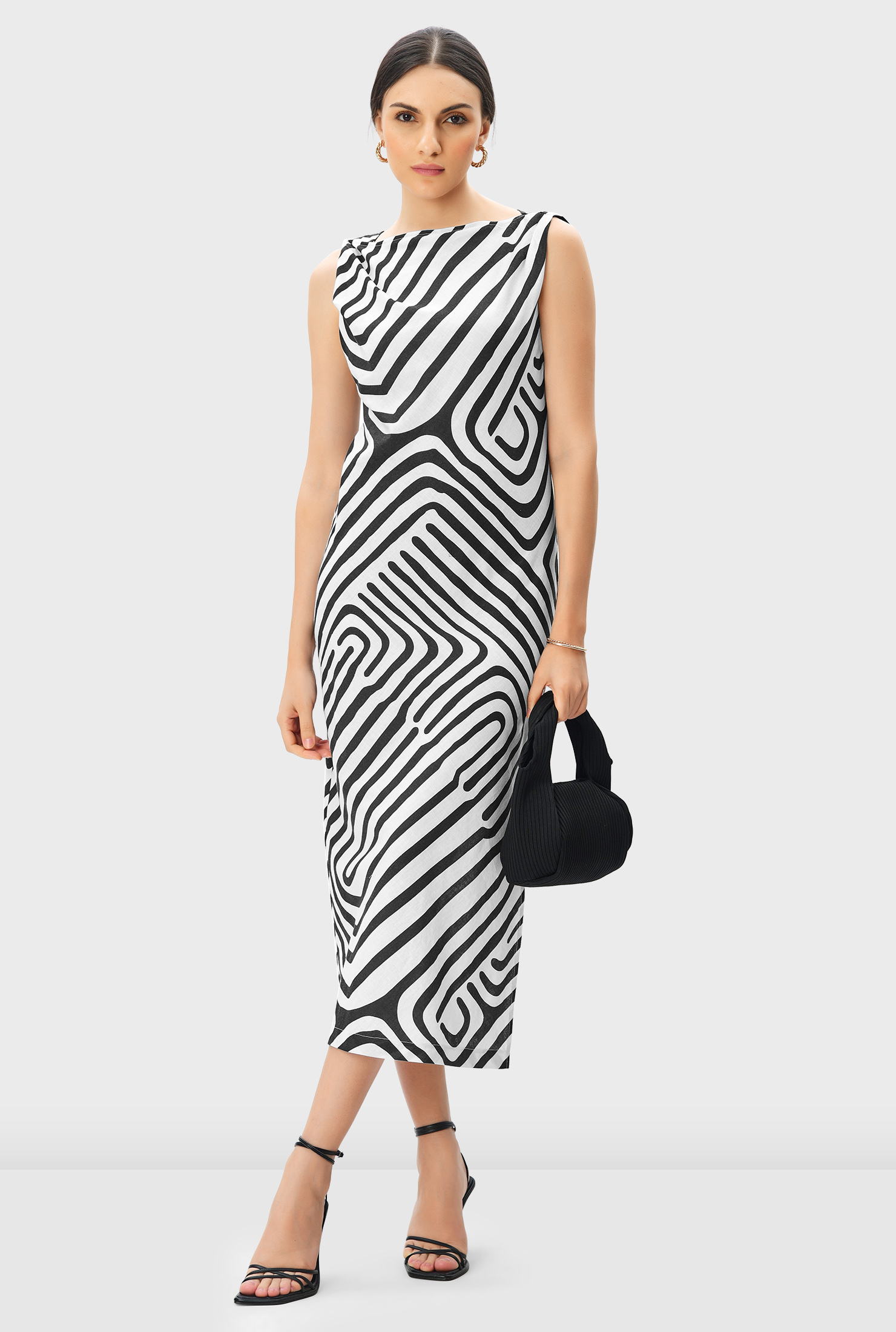 Shop Pleat shoulder graphic print cotton linen sheath dress | eShakti