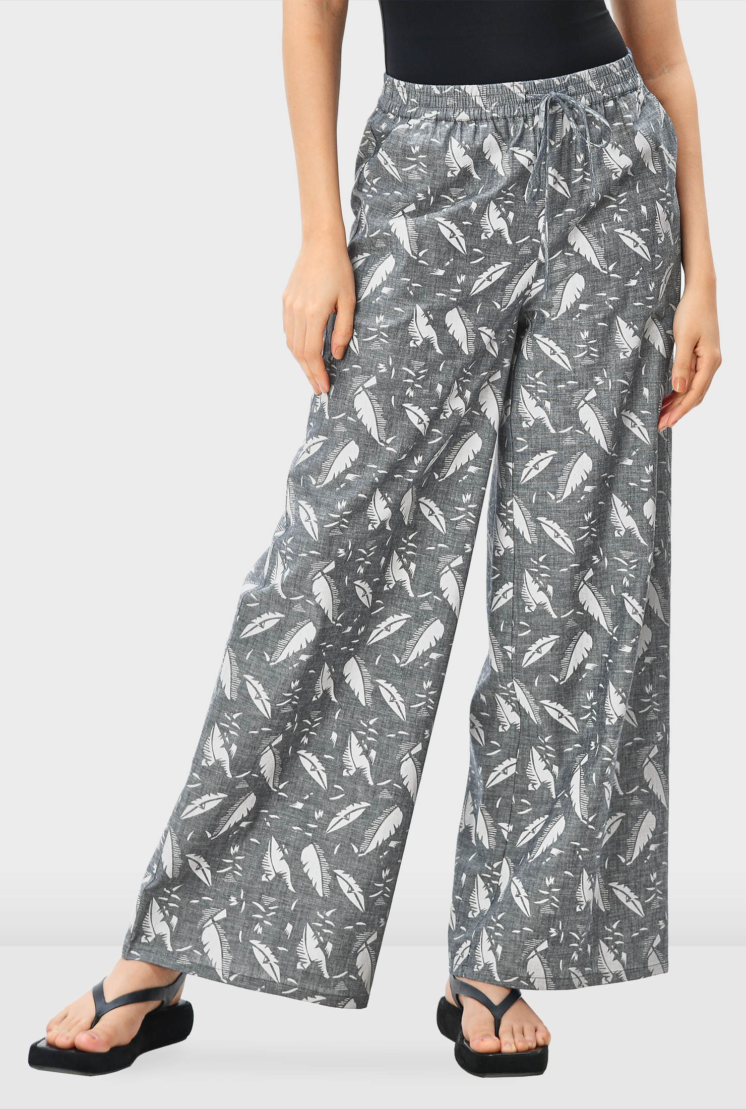 Shop Leaf print cotton chambray elastic drawstring pants | eShakti