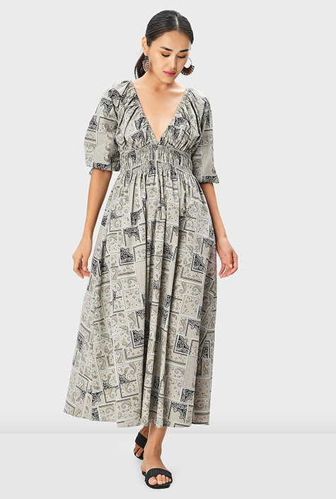 Shop Paisley tile print cotton poplin elastic empire dress | eShakti