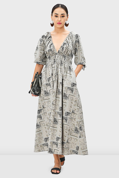 Shop Paisley tile print cotton poplin elastic empire dress | eShakti