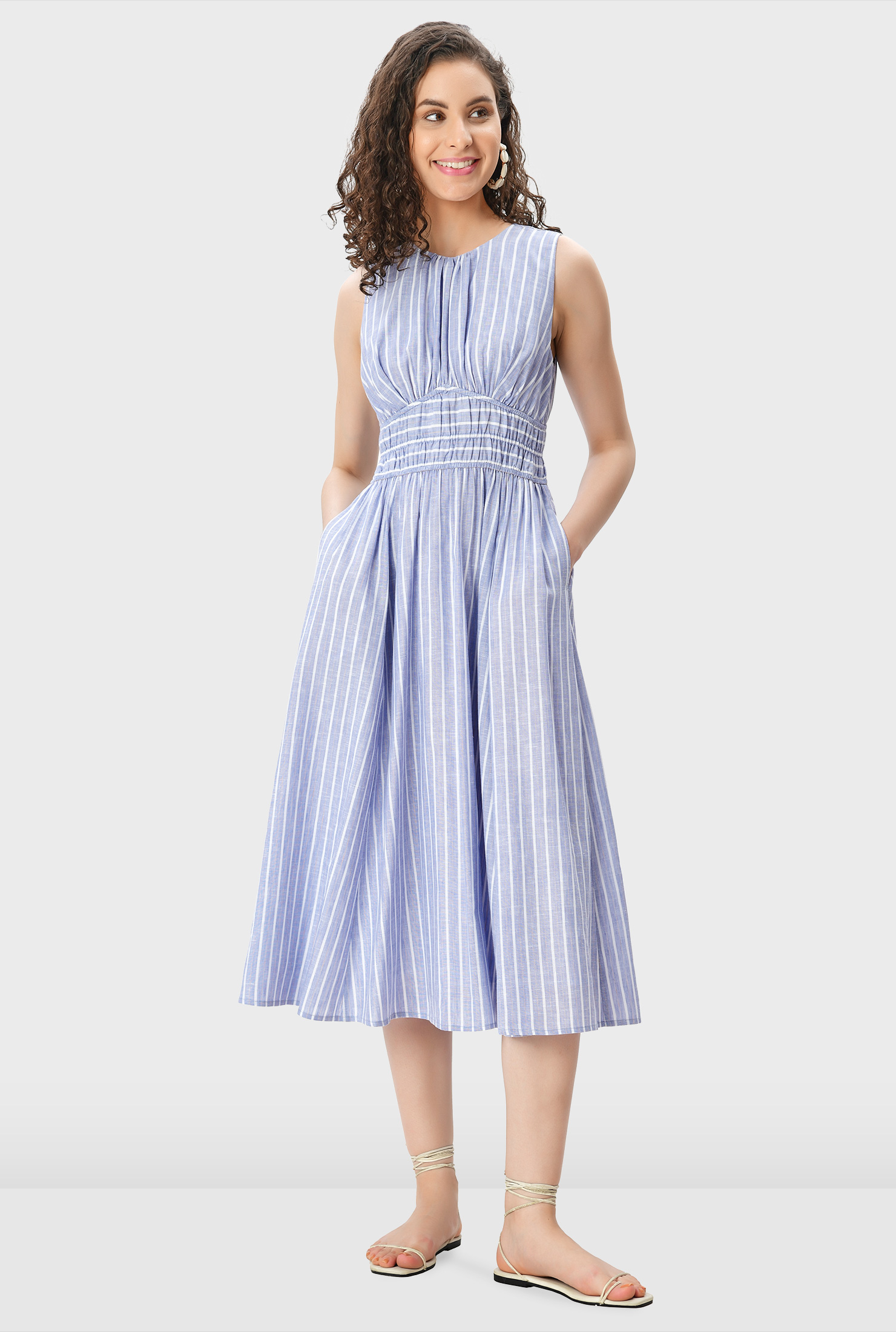 Shop Cutout back chambray stripe cotton banded empire dress | eShakti