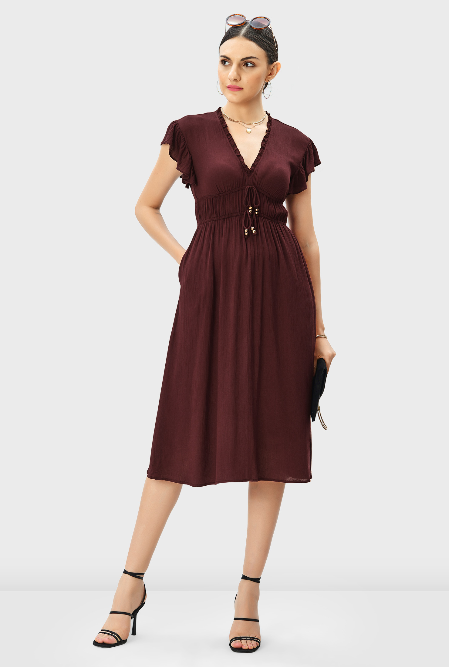 Shop Rayon crinkle elastic tie-waist dress | eShakti