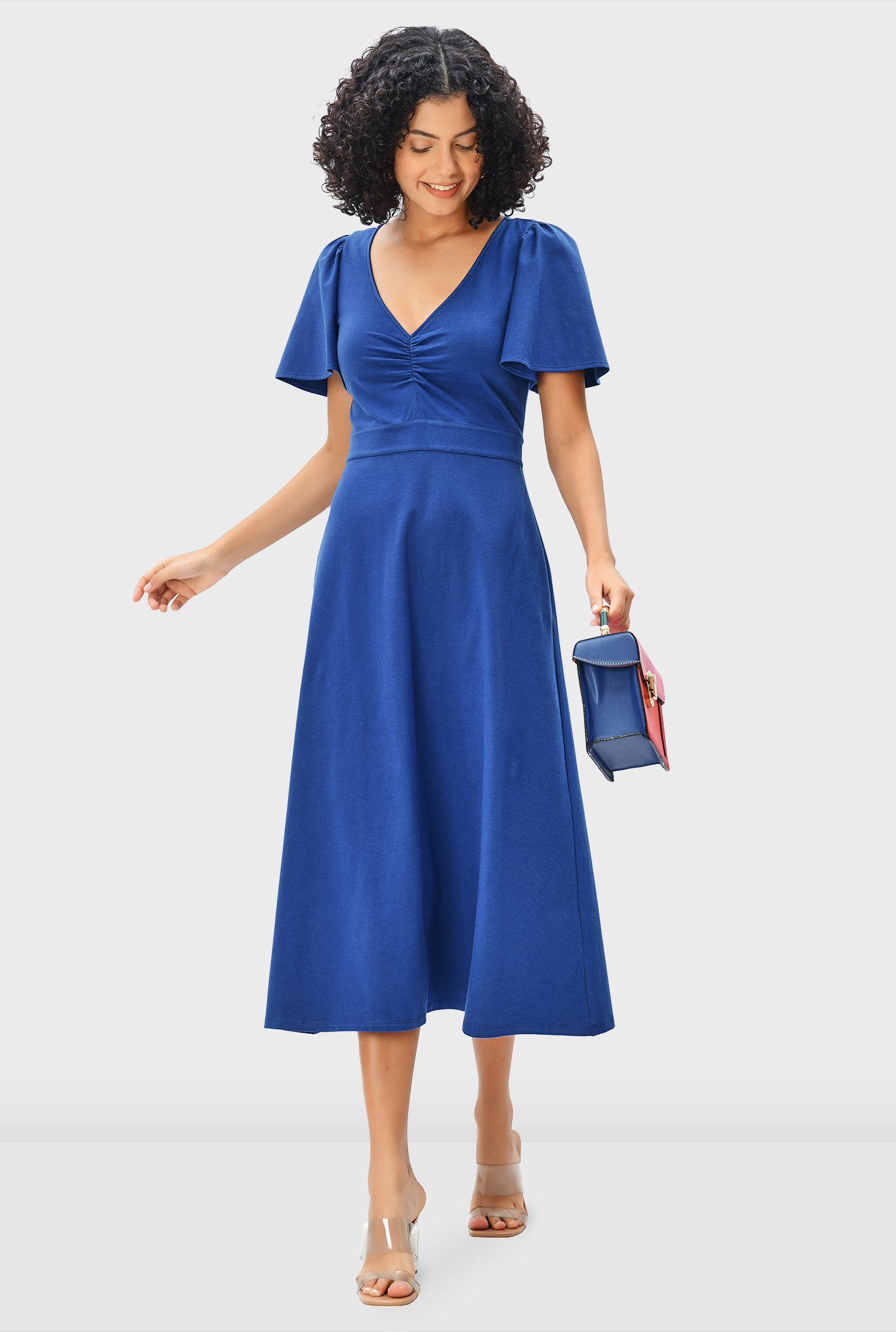 Shop Flutter sleeve cotton jersey ruched dress | eShakti