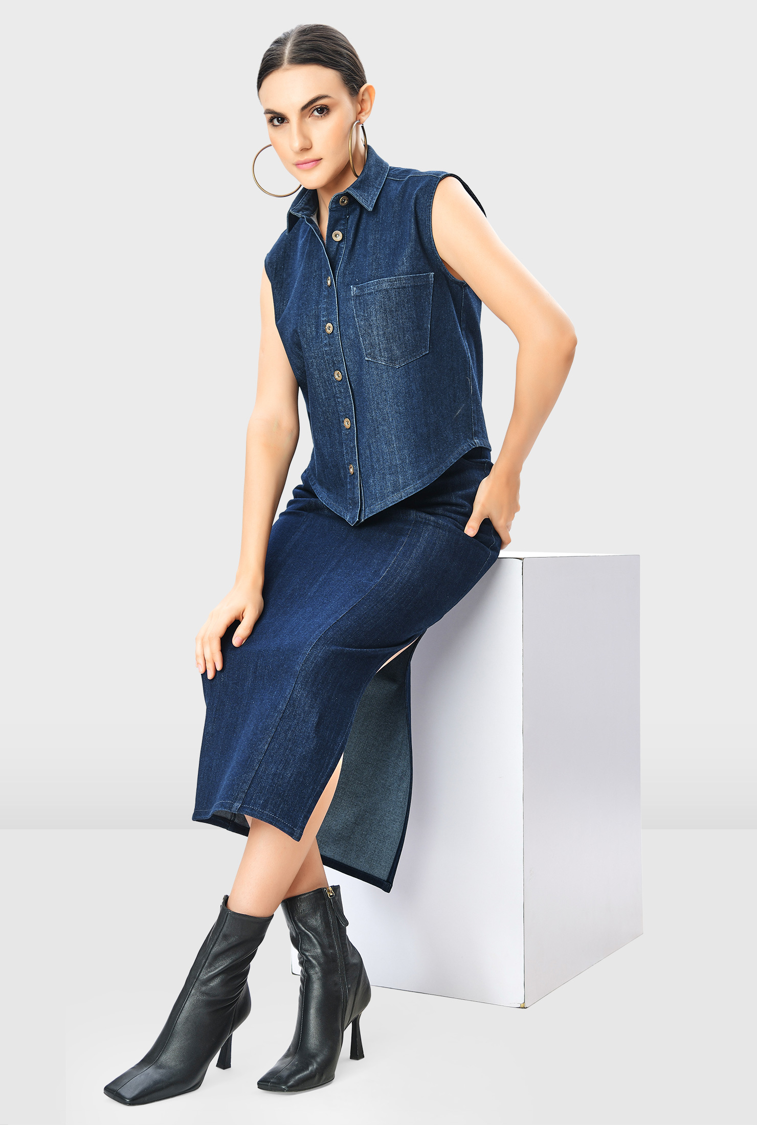 Shop Deep indigo denim vented slim skirt | eShakti