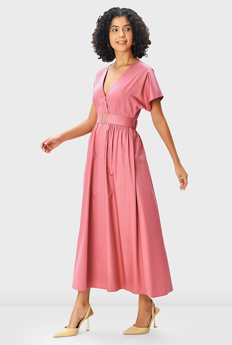 Shop Cotton sateen belted surplice dress | eShakti