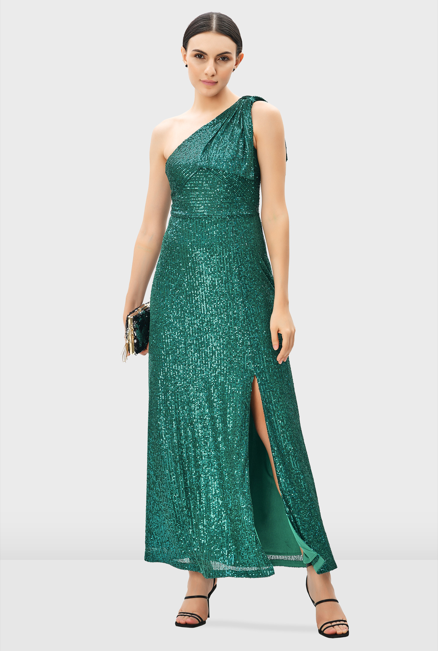 Shop One-shoulder sequin mesh vented dress | eShakti