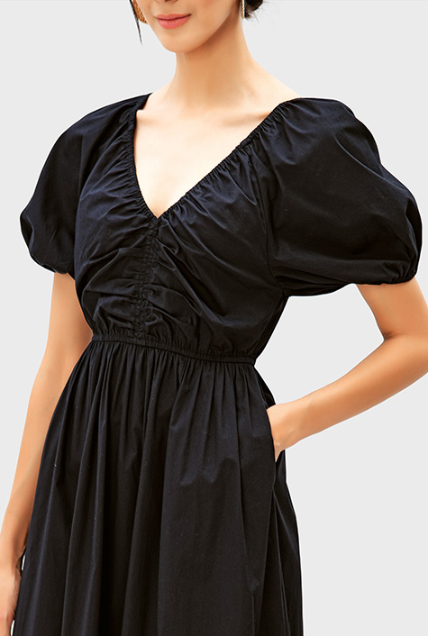 Shop Puff sleeve cotton poplin elastic ruched dress | eShakti