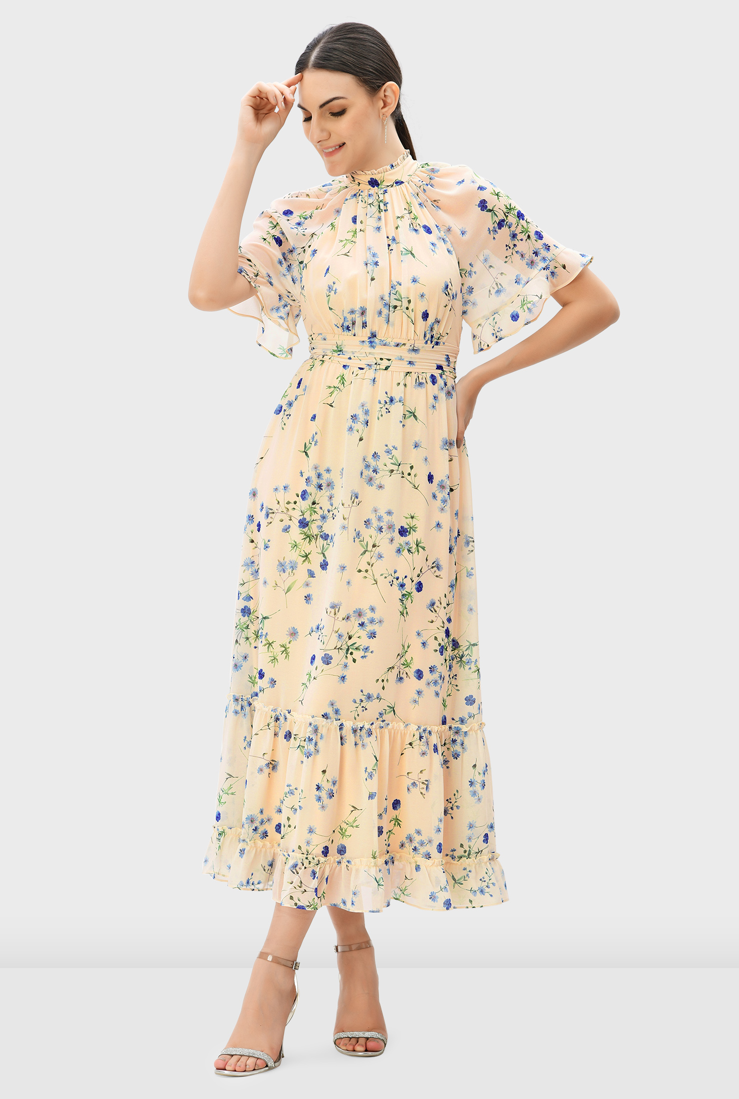 Shop Ruffle frill floral print georgette pleat waist dress | eShakti