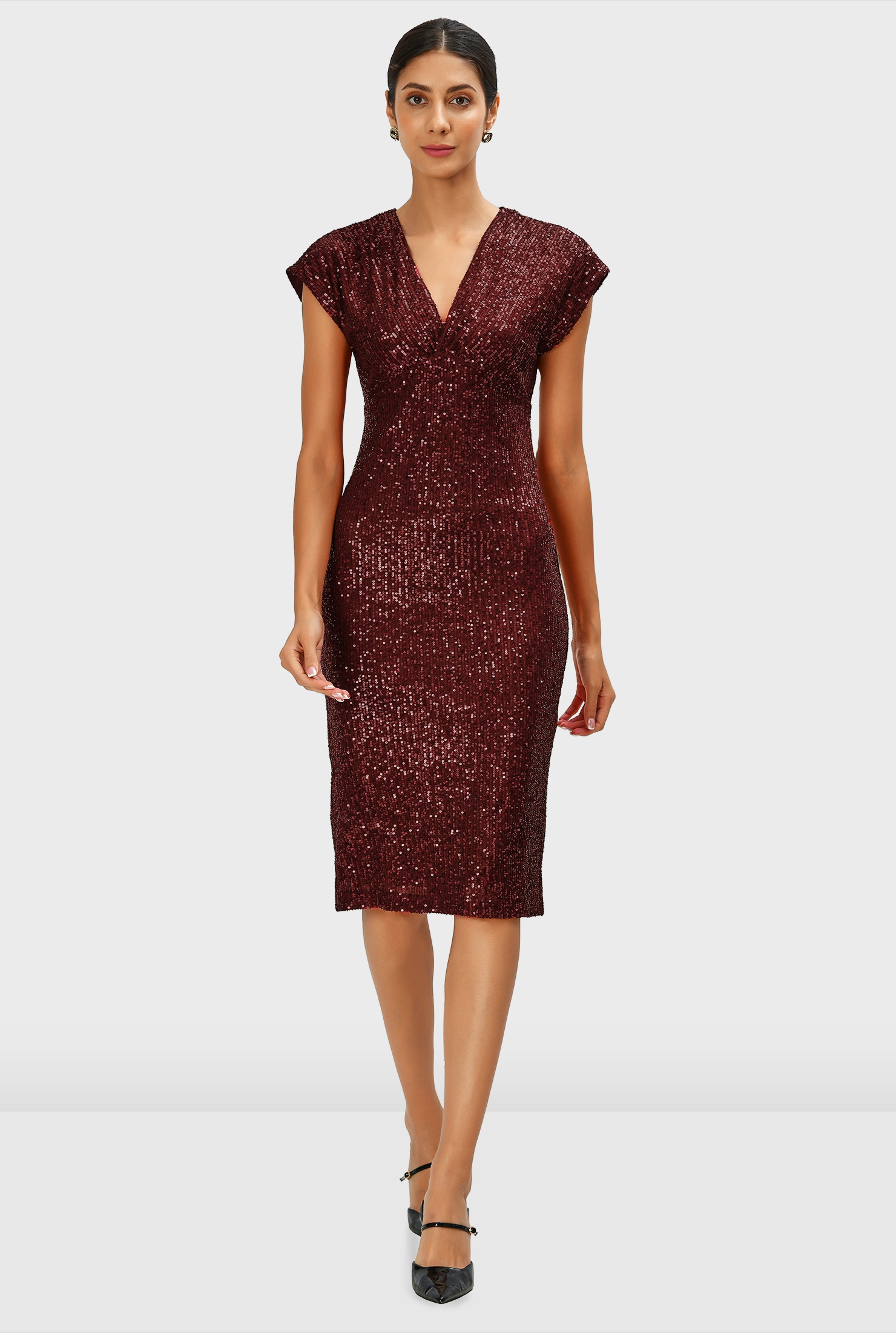 Shop Dolman sleeve sequin mesh empire sheath dress | eShakti