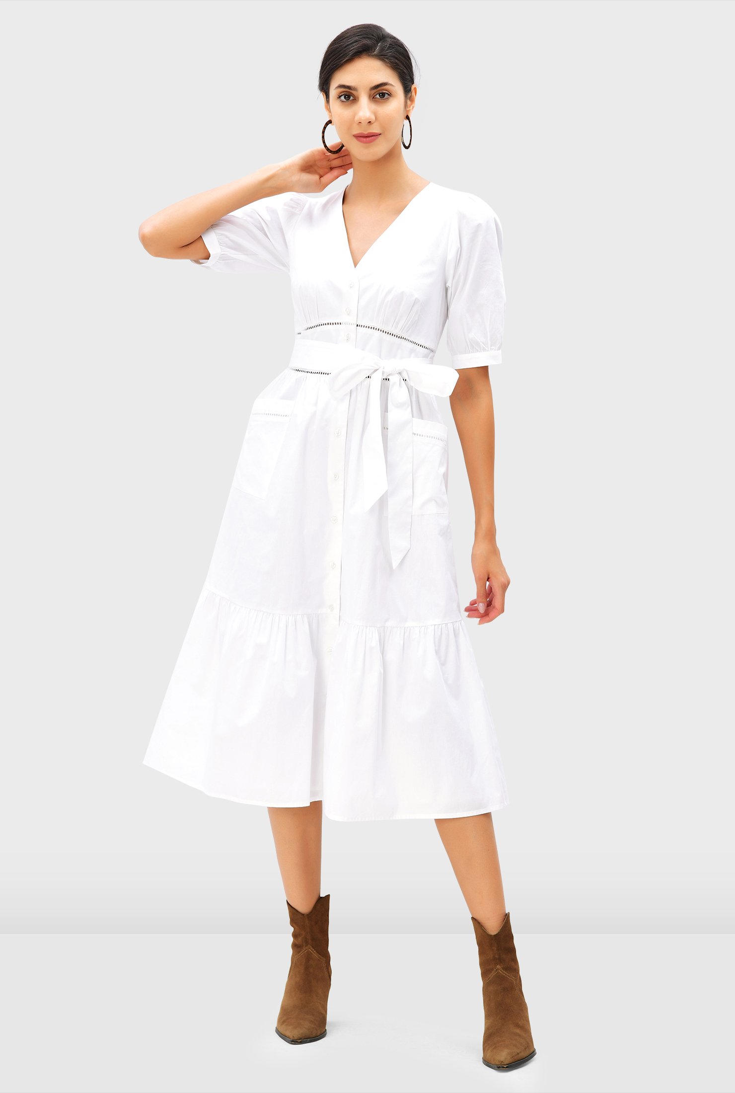 Shop Lattice trim cotton poplin ruffle flounce dress | eShakti