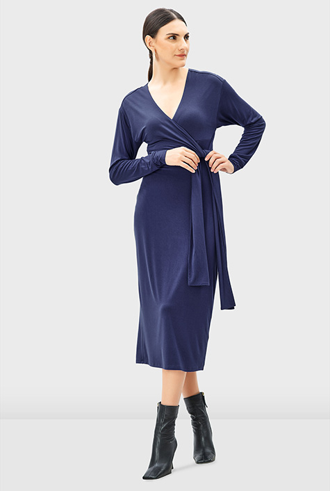 Shop Tie waist rayon jersey surplice dress | eShakti