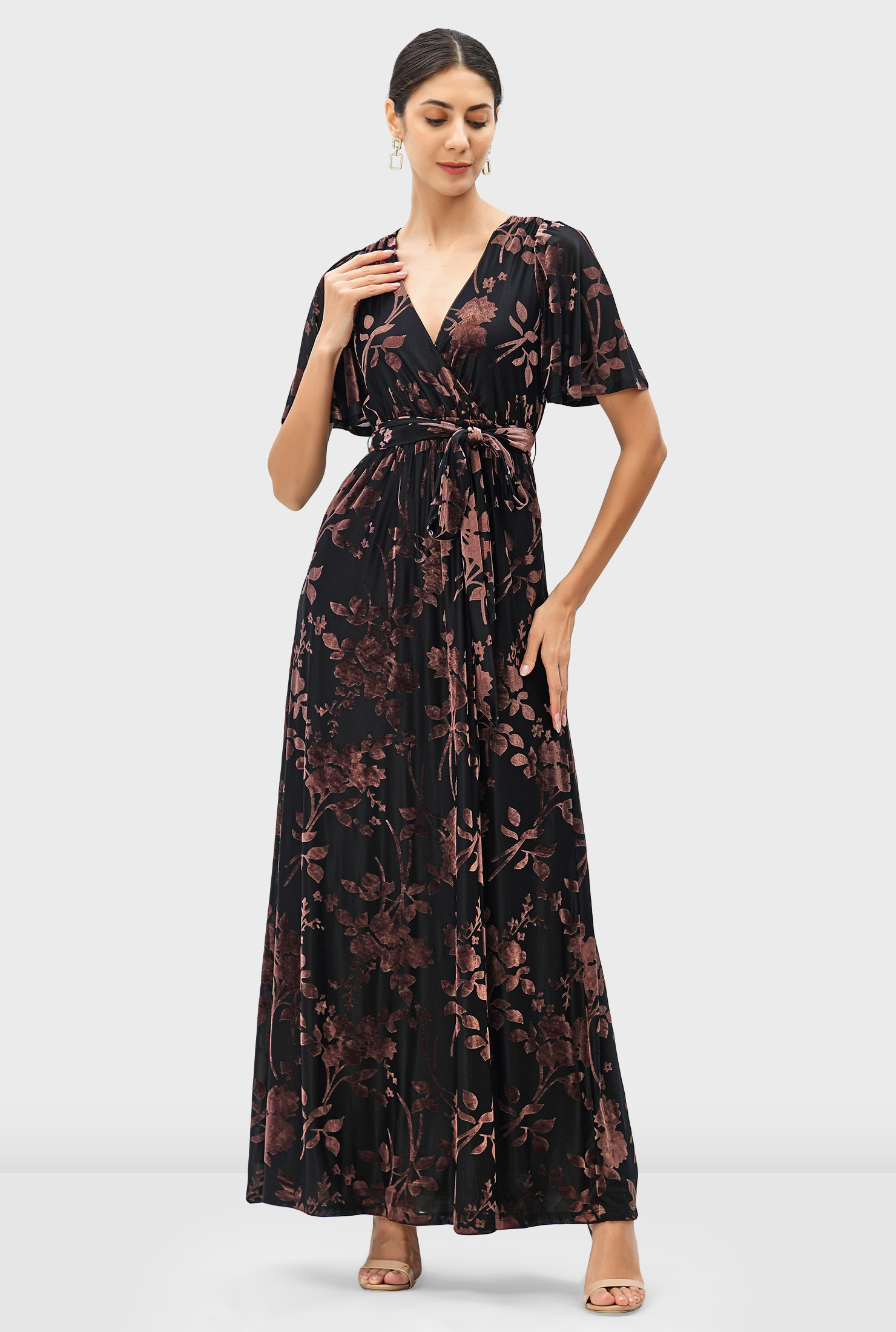 Shop Vented floral velvet burnout surplice maxi dress | eShakti