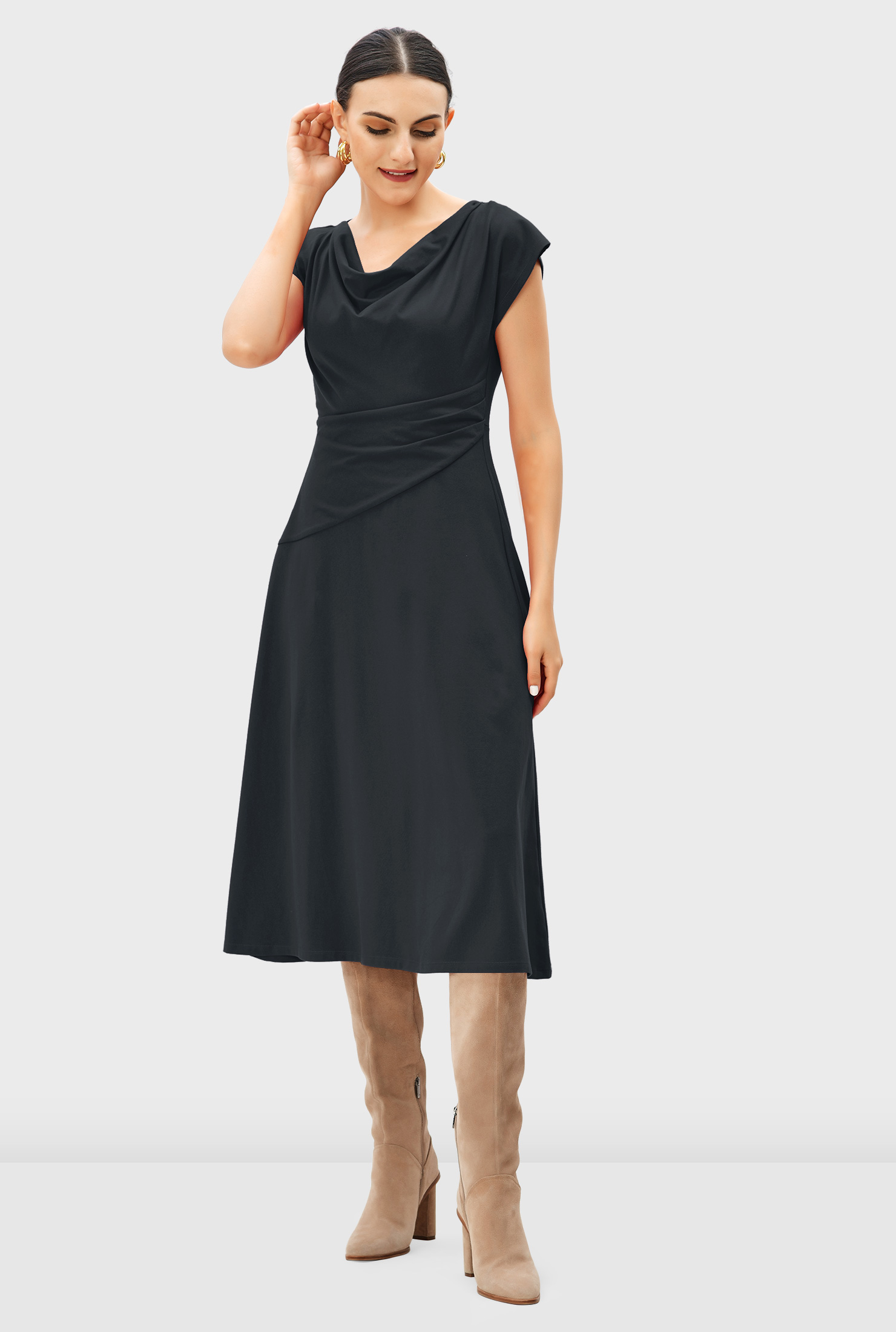 Shop Cowl neck cotton jersey draped waist dress | eShakti