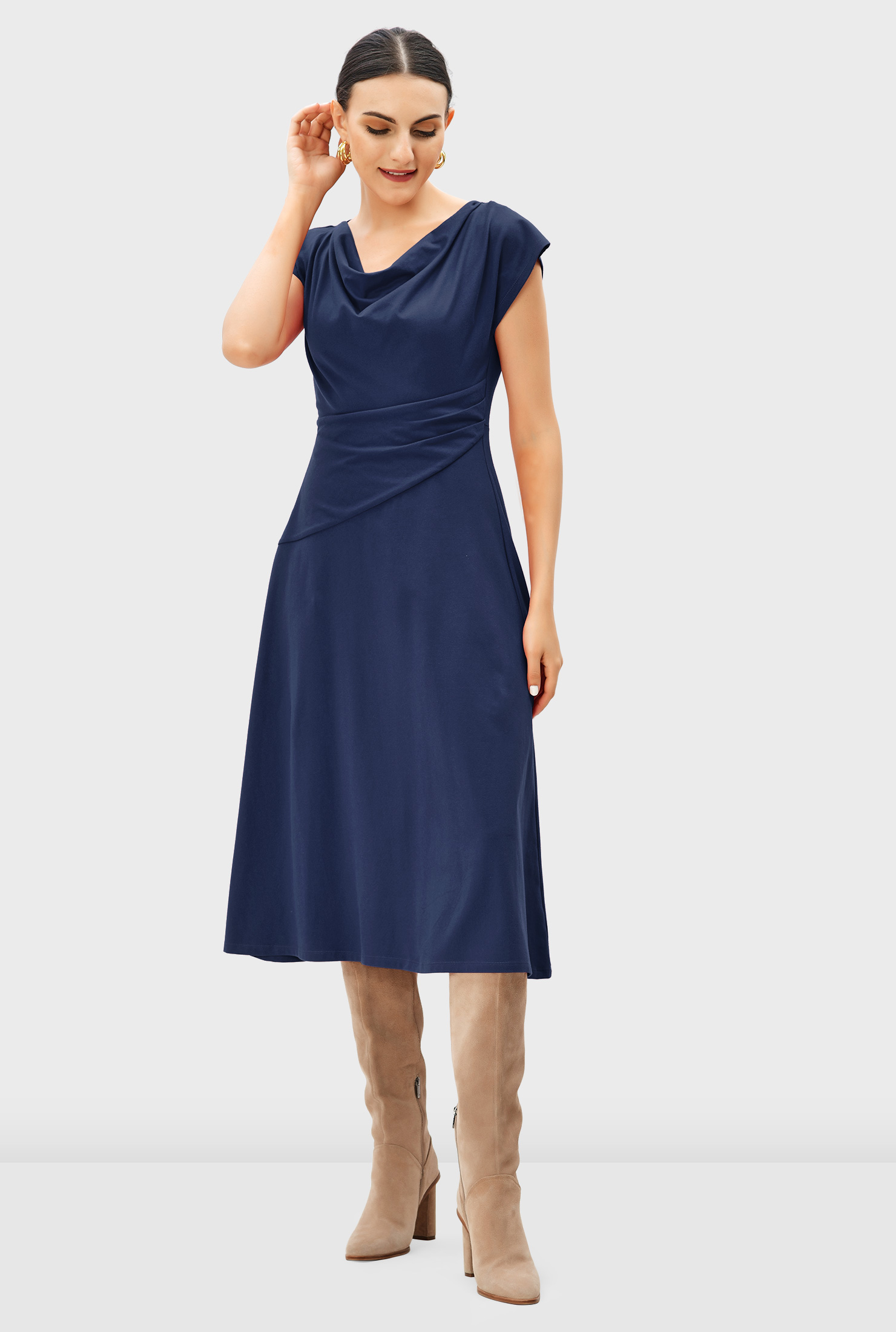 Shop Cowl neck cotton jersey draped waist dress | eShakti