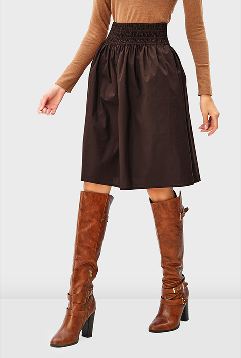 Shop Smocked elastic waist cotton sateen skirt | eShakti