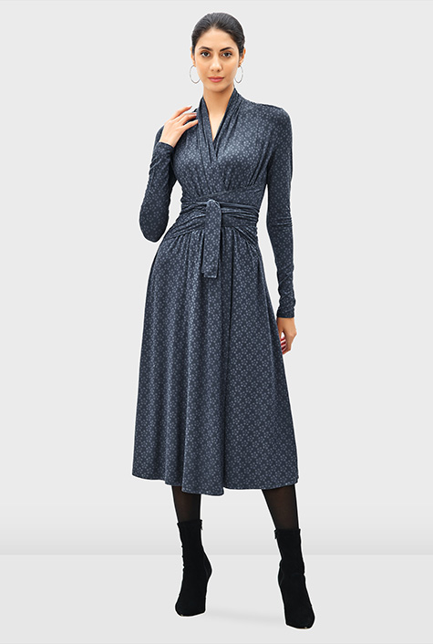 Shop Obi belt floral graphic print viscose jersey wrap dress | eShakti