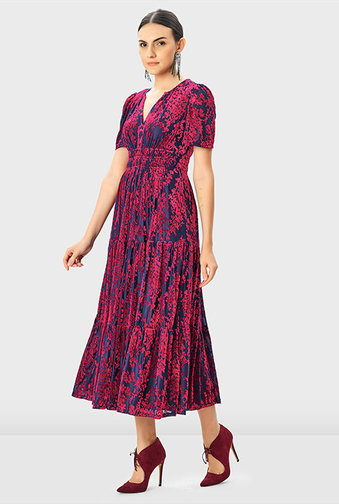 Shop Floral velvet burnout smocked waist tier dress | eShakti