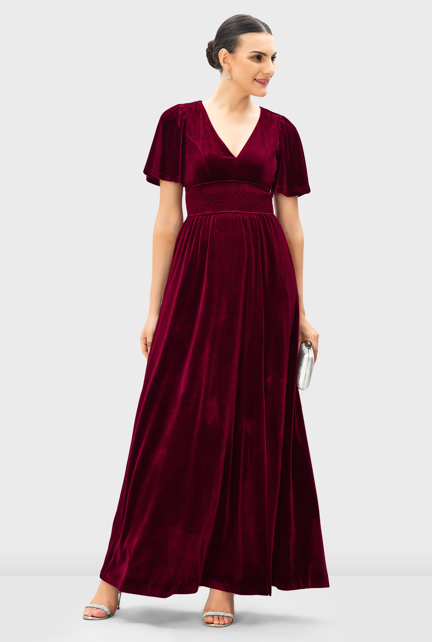 Shop Vented stretch velvet smocked waist dress | eShakti