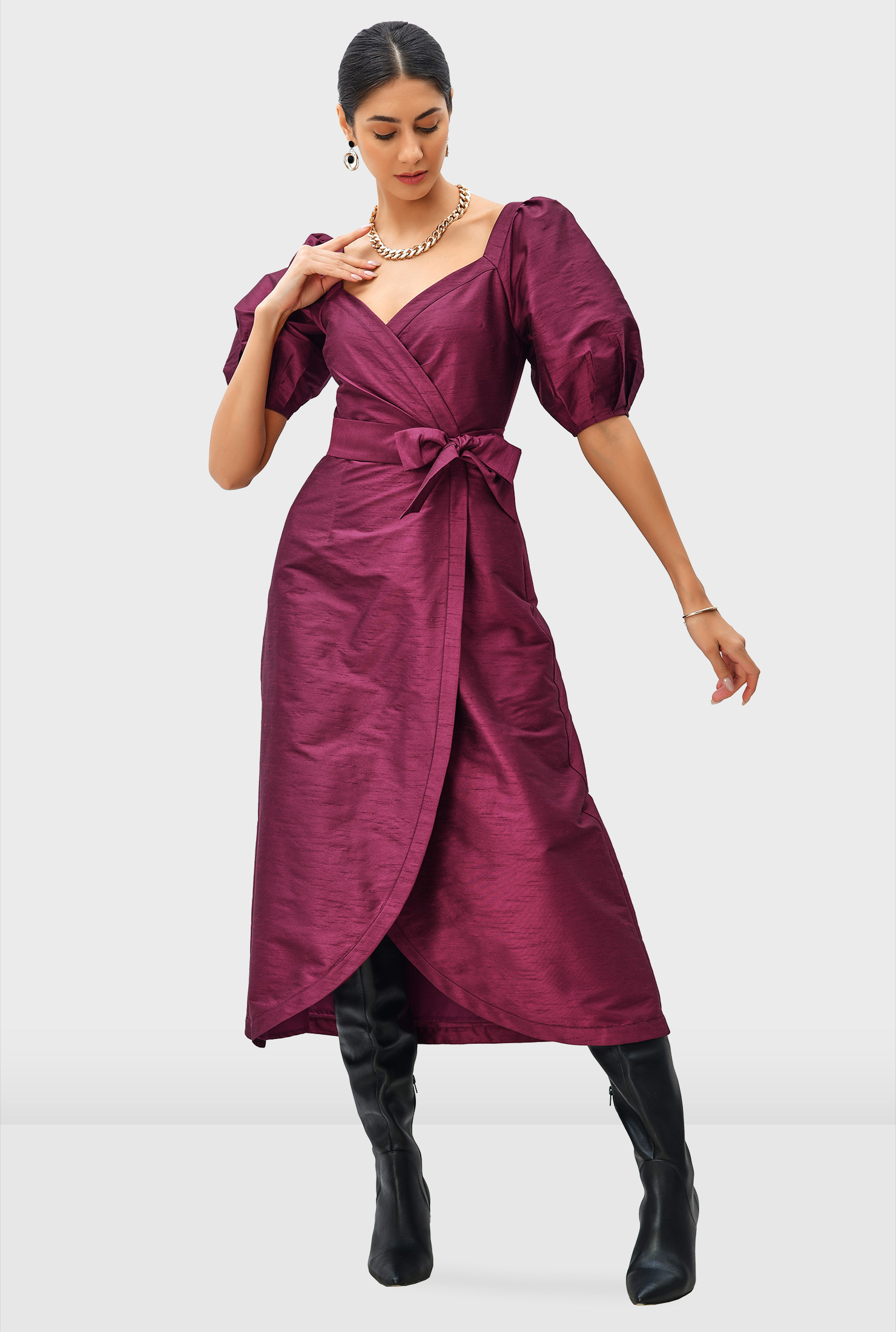 Shop Poly dupioni tulip hem wrap dress | eShakti
