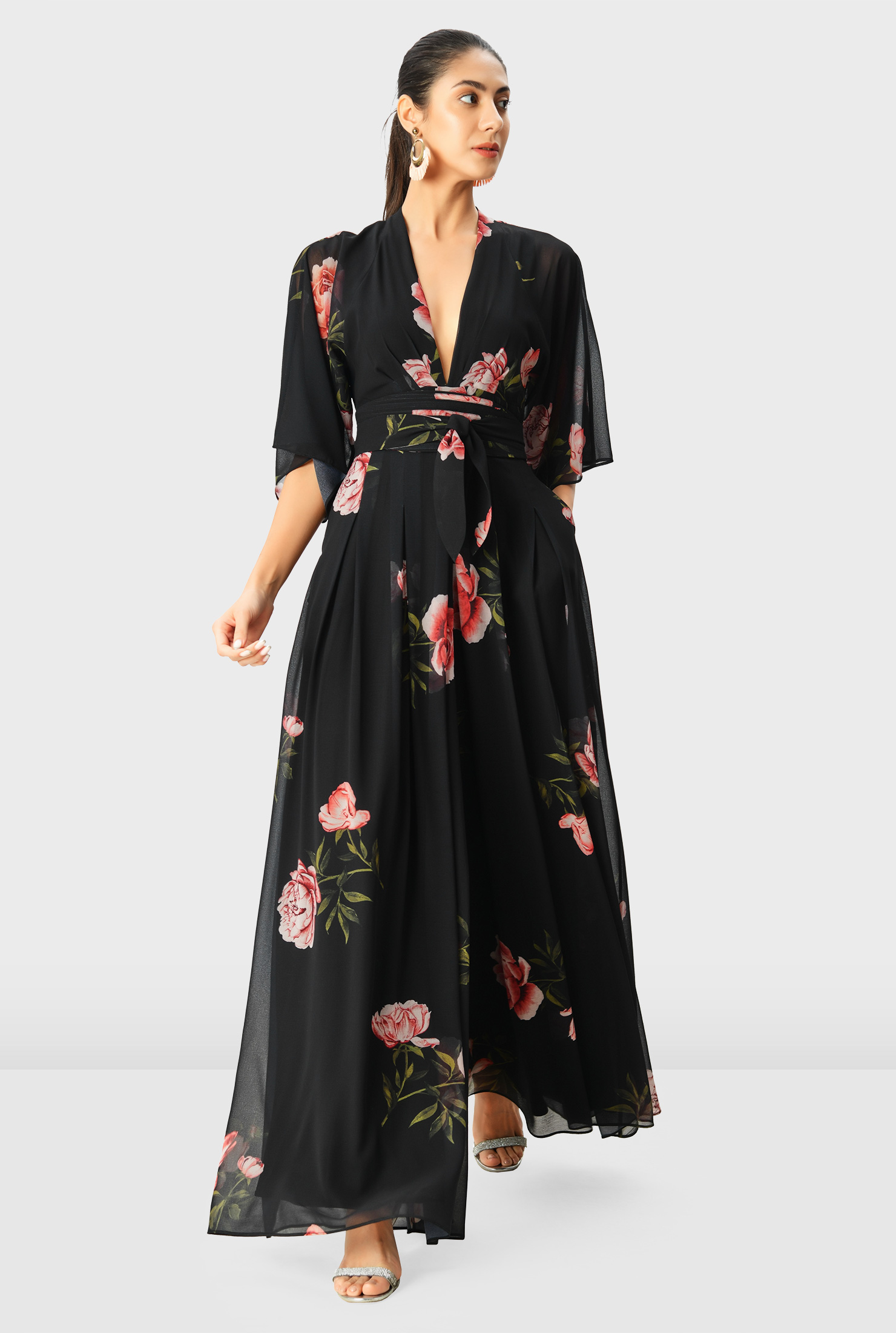 Shop Plunge rose print georgette empire jumpsuit | eShakti