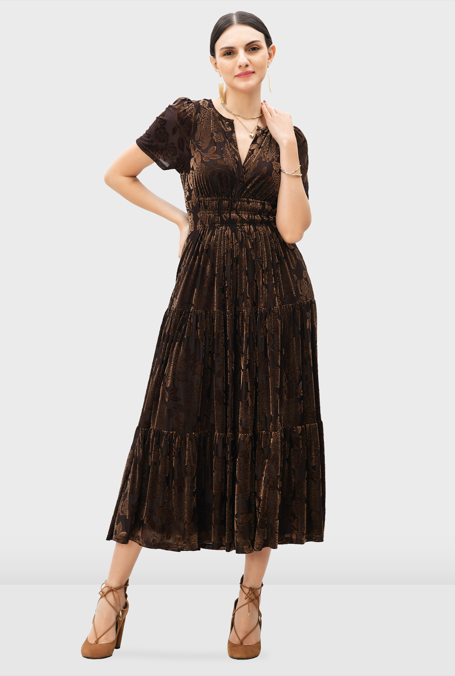 Shop Floral velvet burnout smocked waist tier dress | eShakti