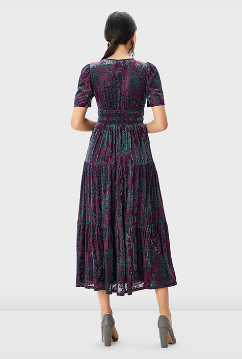 Shop Floral velvet burnout smocked waist tier dress | eShakti