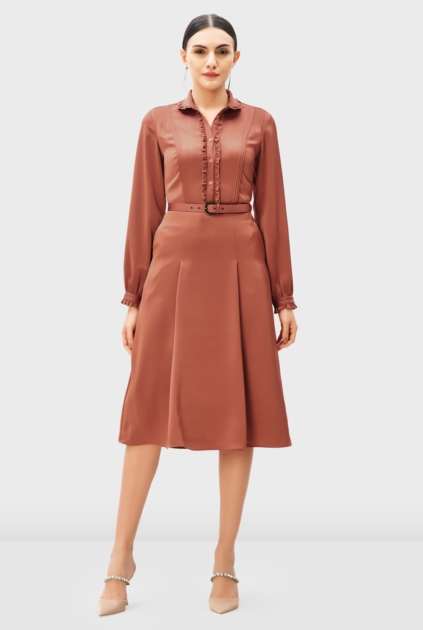 Shop Ruffle frill trim poly sateen dress | eShakti