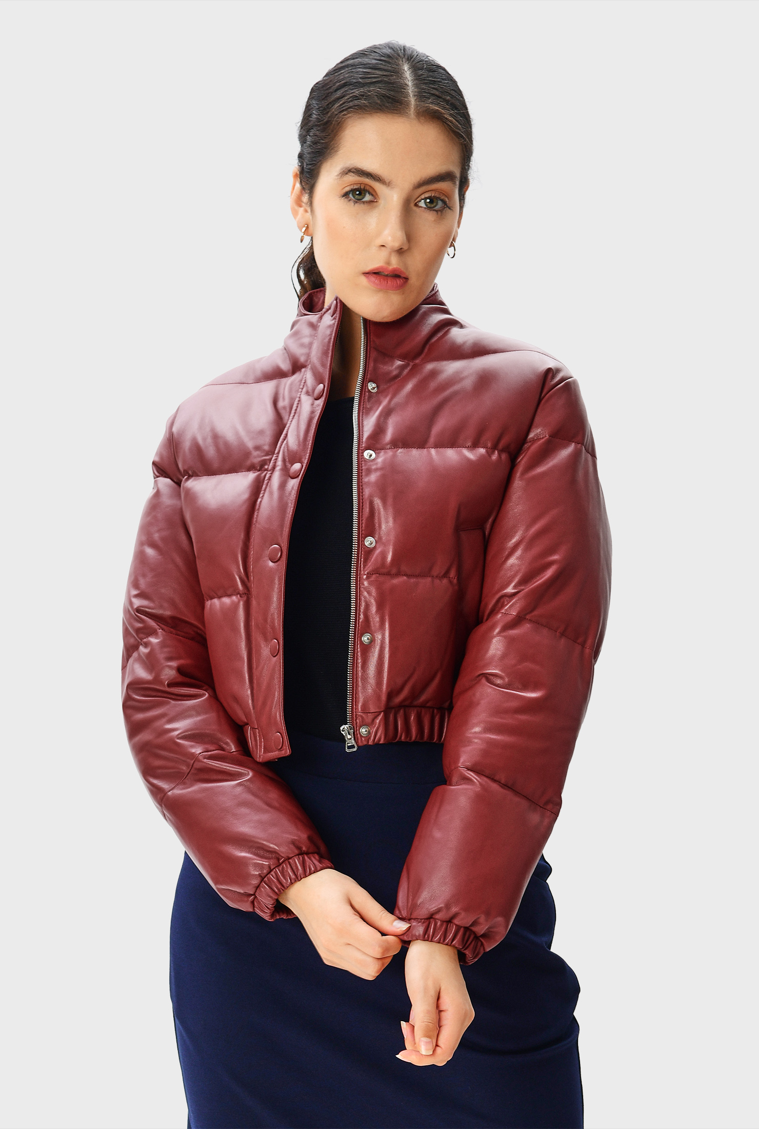 Shop Cropped leather puffer jacket | eShakti