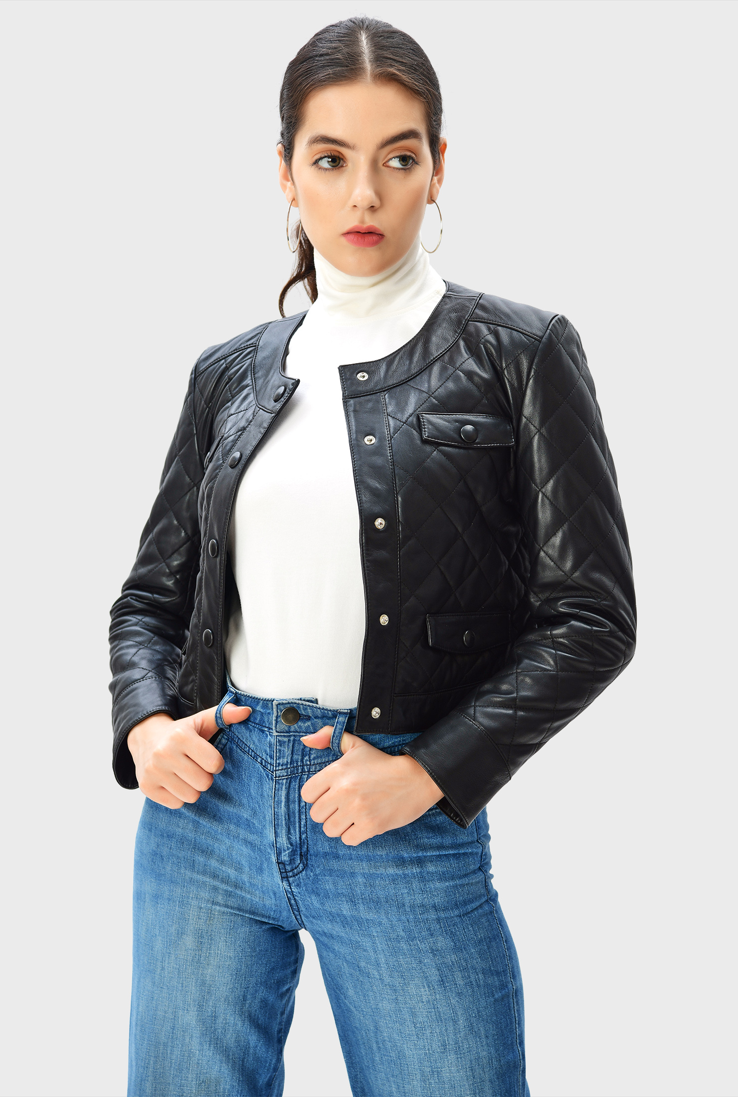 Shop Quilted crop leather jacket with flaps | eShakti