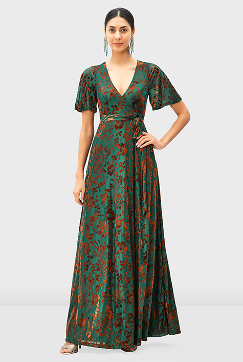 Shop Flutter sleeve floral velvet burnout wrap dress | eShakti