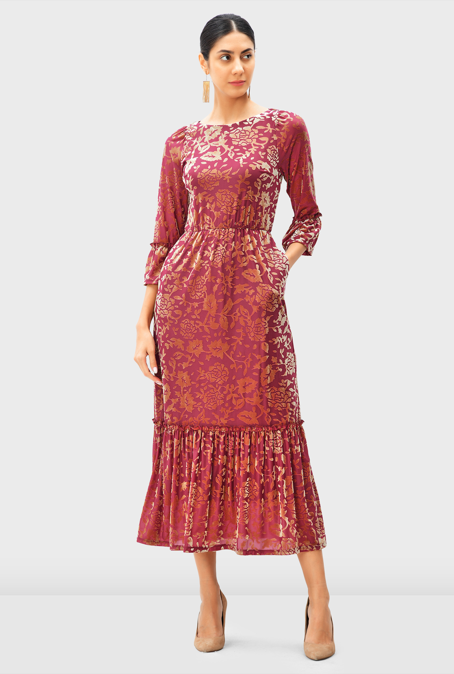 Shop Floral velvet burnout ruffle flounce dress | eShakti