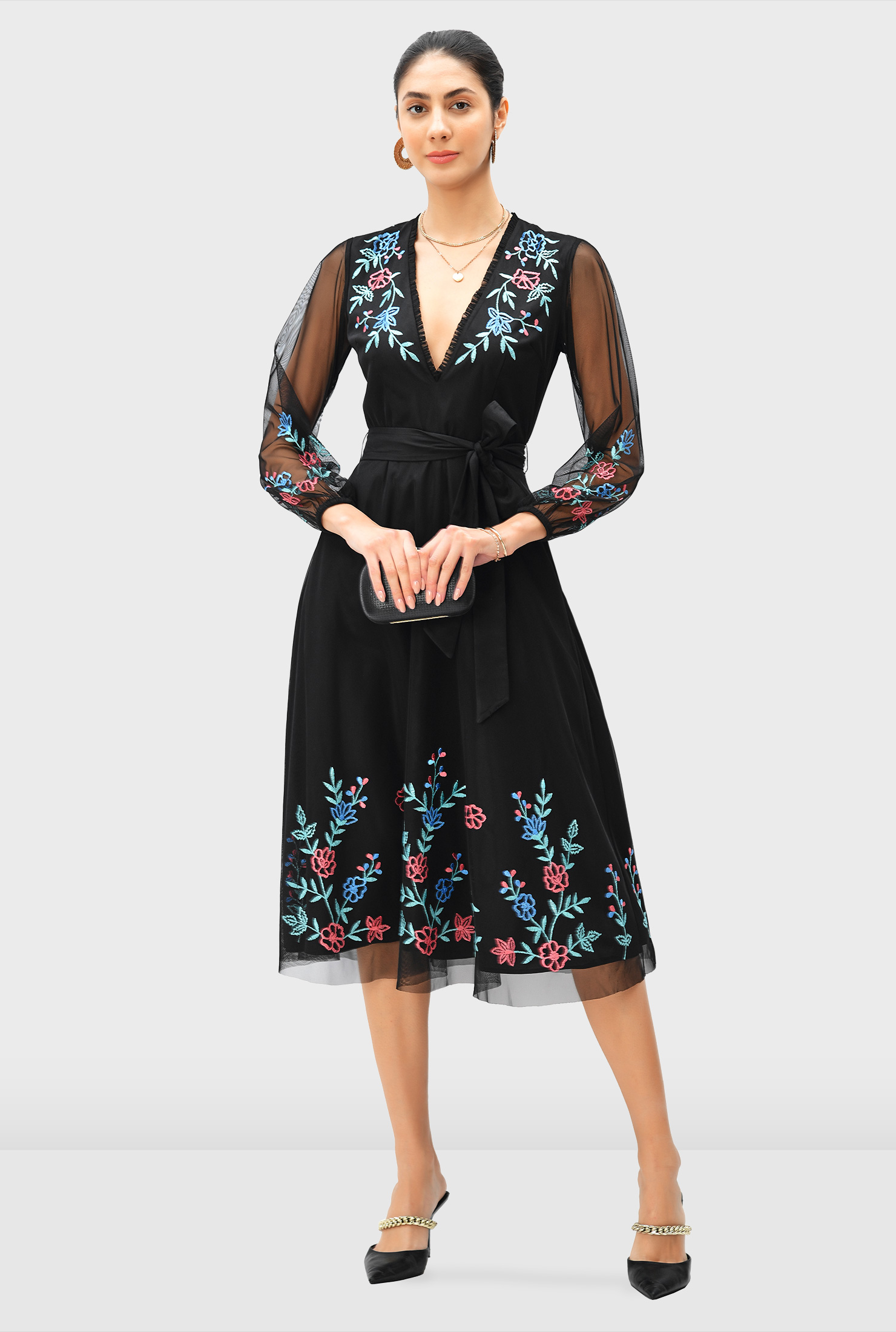 Shop Floral embroidery ruffle frill trim sheer tulle dress | eShakti