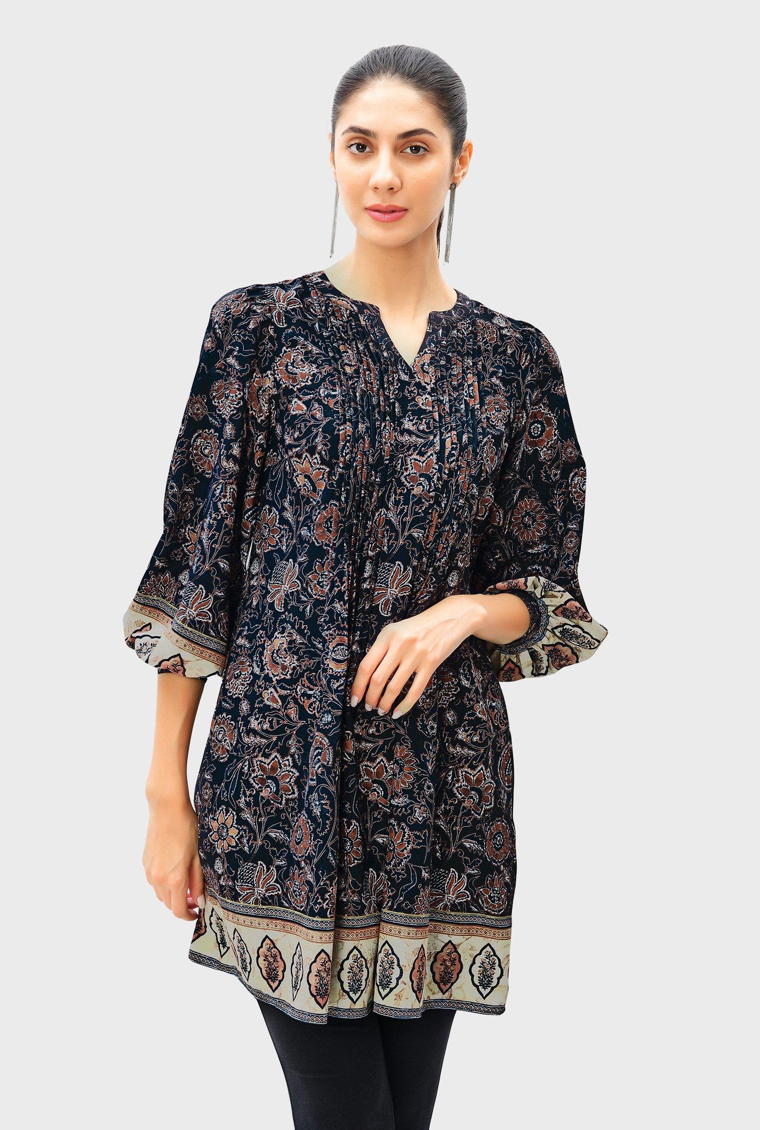 Shop Pintuck pleat floral vine print crepe tunic | eShakti